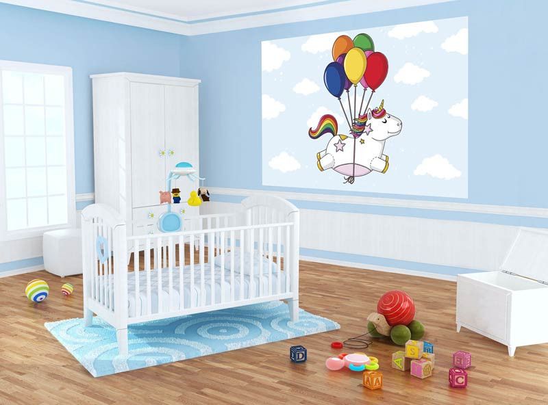 Fotobehang Unicorn met Ballonnen | Behang voor de Babykamer